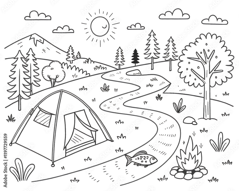 Nature Mountain Landscape kids Coloring Page with Trees , River, sun ...