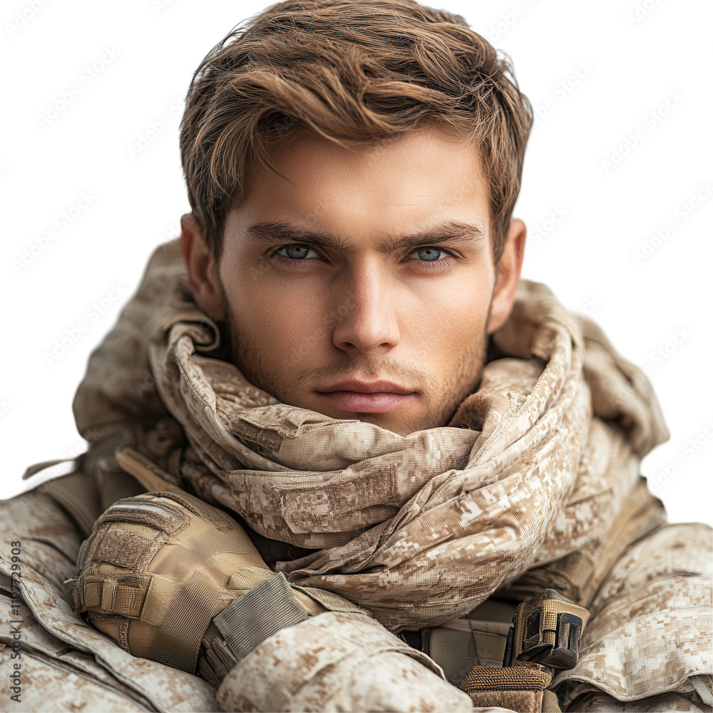 Soldier poses confidently wearing tactical gear and scarf with an ...