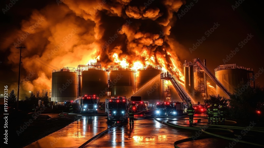 Nighttime industrial fire at large facility. Large oil storage tanks ...