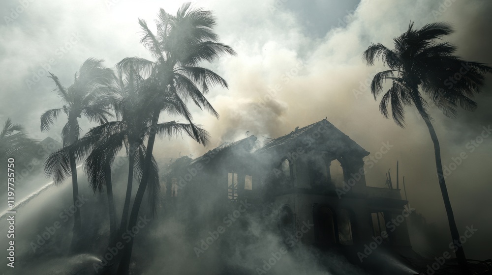 Burnt tropical house surrounded by palm trees, with smoke billowing in ...