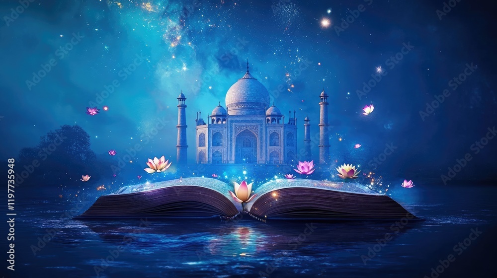 The Taj Mahal emerging from an open book with sparkling stars and ...
