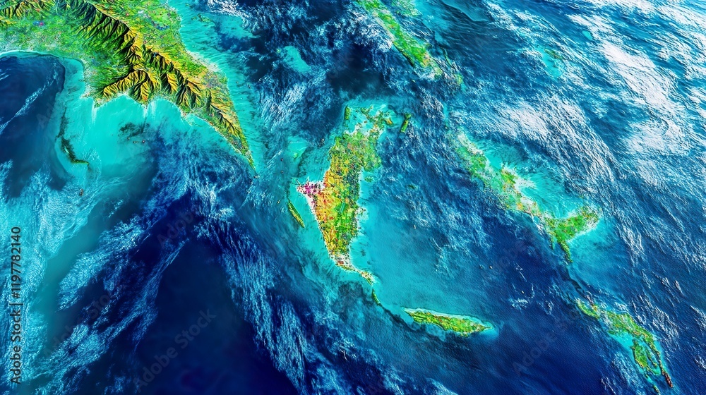 A detailed map of the Indian Ocean with vibrant colors, showcasing ...