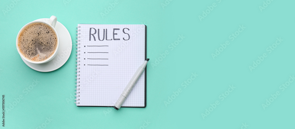Notebook with blank list of rules and coffee cup on green background ...