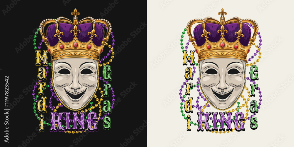 Mardi Gras King label. Emblem with comedy theatrical mask in imperial ...