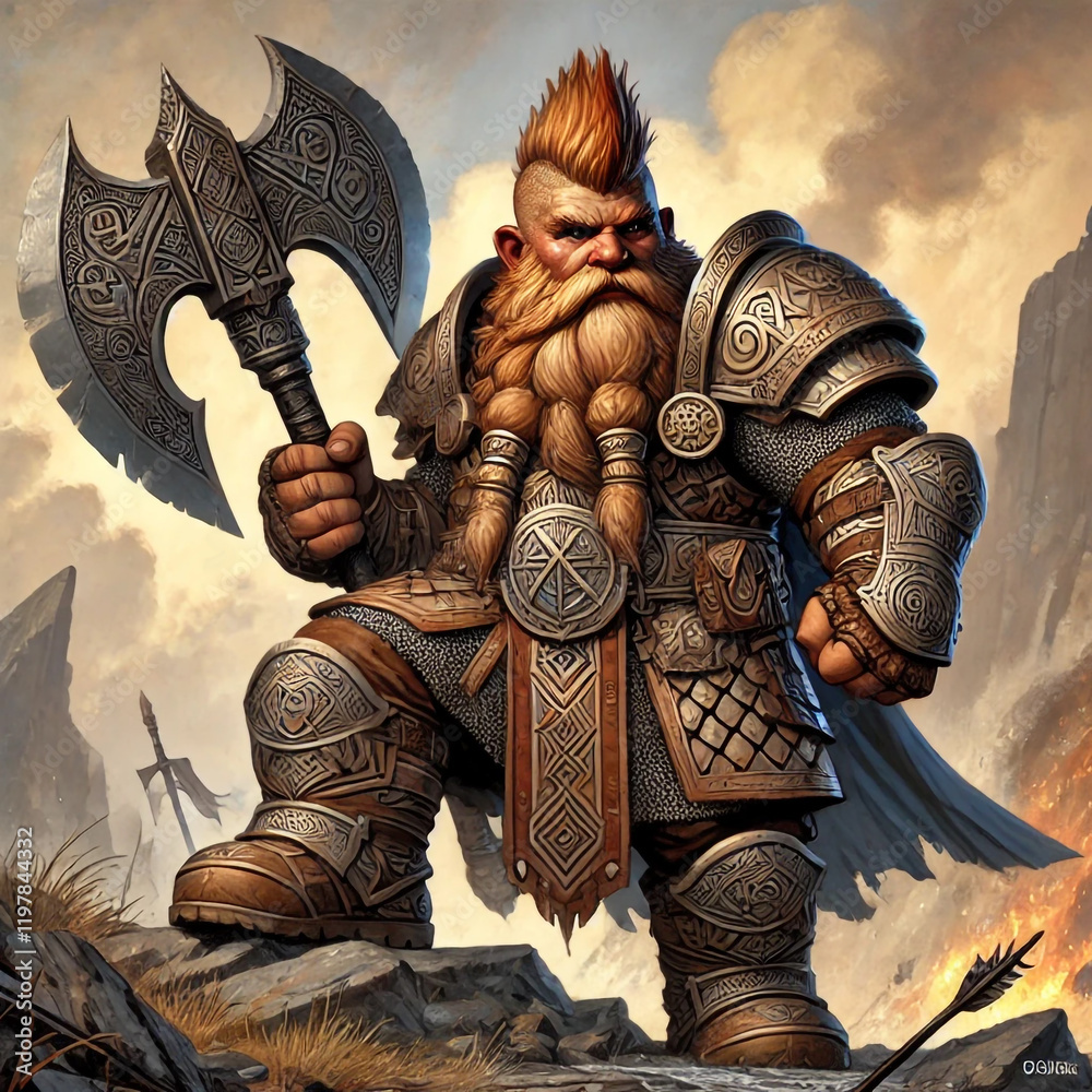 Armored dwarf warrior with braided beard and mohawk holding a double ...