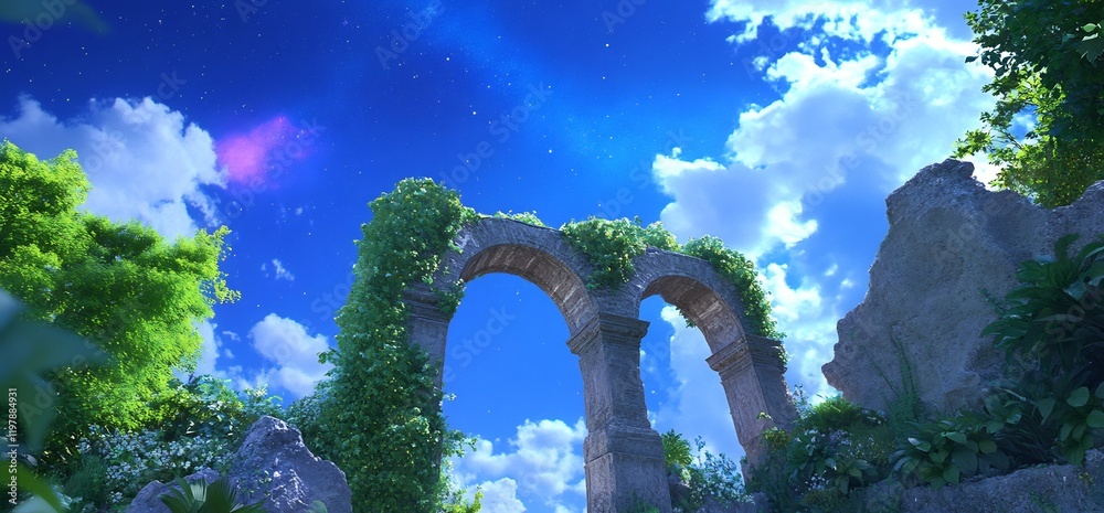 Overgrown stone arch ruins under a vibrant sky; lush greenery; fantasy game background Stock ...