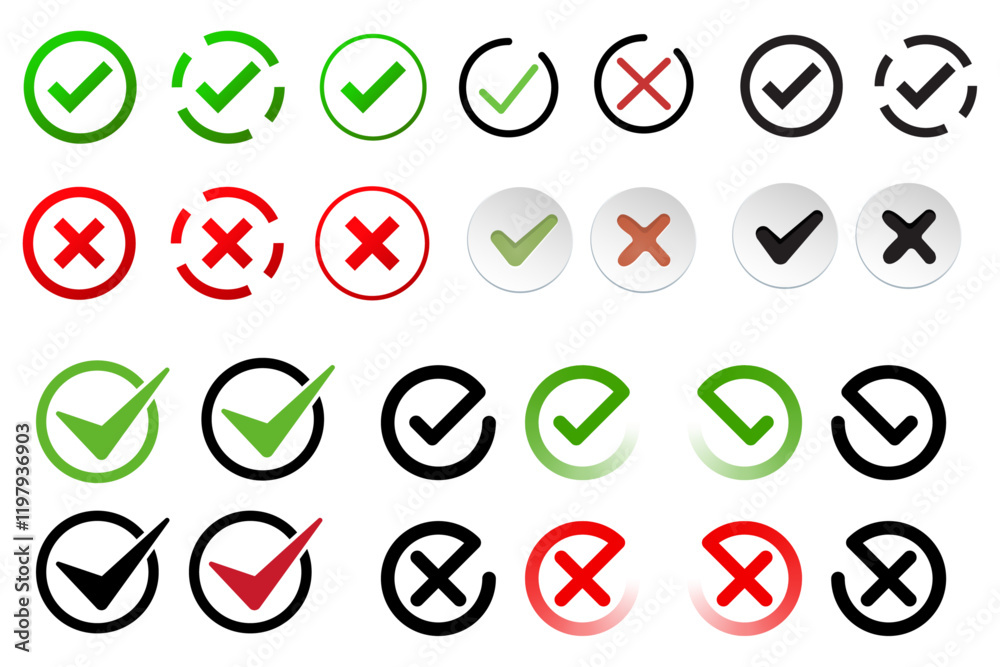 Check box tick mark icon set button correct right wrong buttons or yes or no checkmark red cross ...