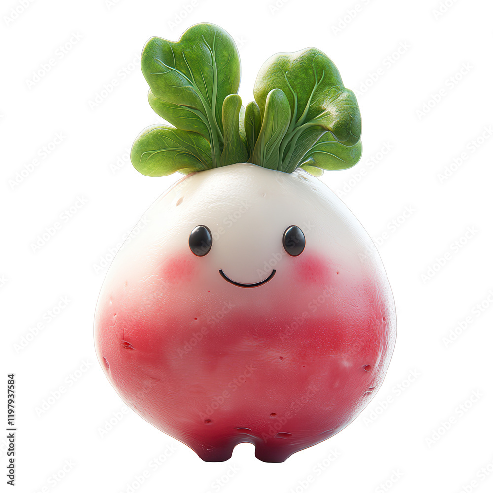 Cute smiling radish with green leaves against a plain background ...