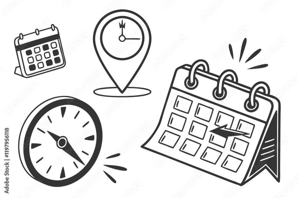 minimalist icons, location pin, clock, calendar, black and white ...