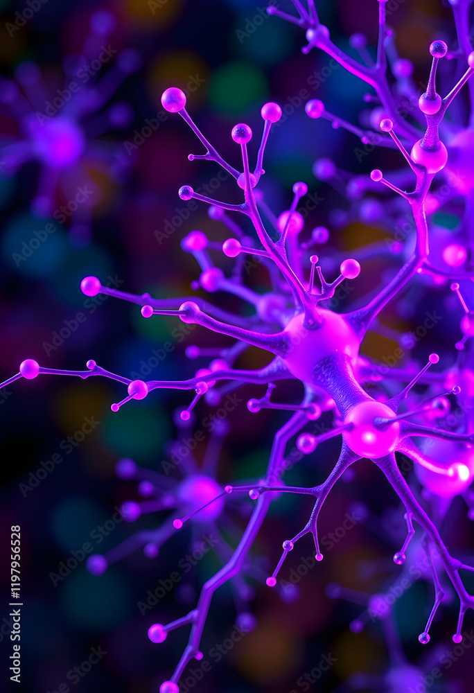 Abstract 3D representation of a neural network with neon synapses and glowing ultraviolet nodes ...