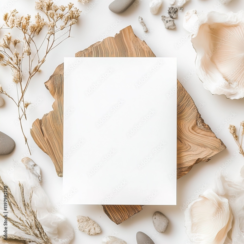 Boho styled blank white paper invitation card mockup, stationery ...