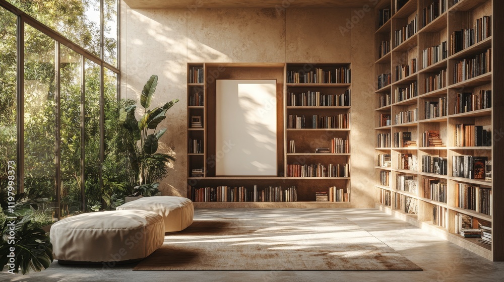 nice designed luxury library room with beige tones with empty ...