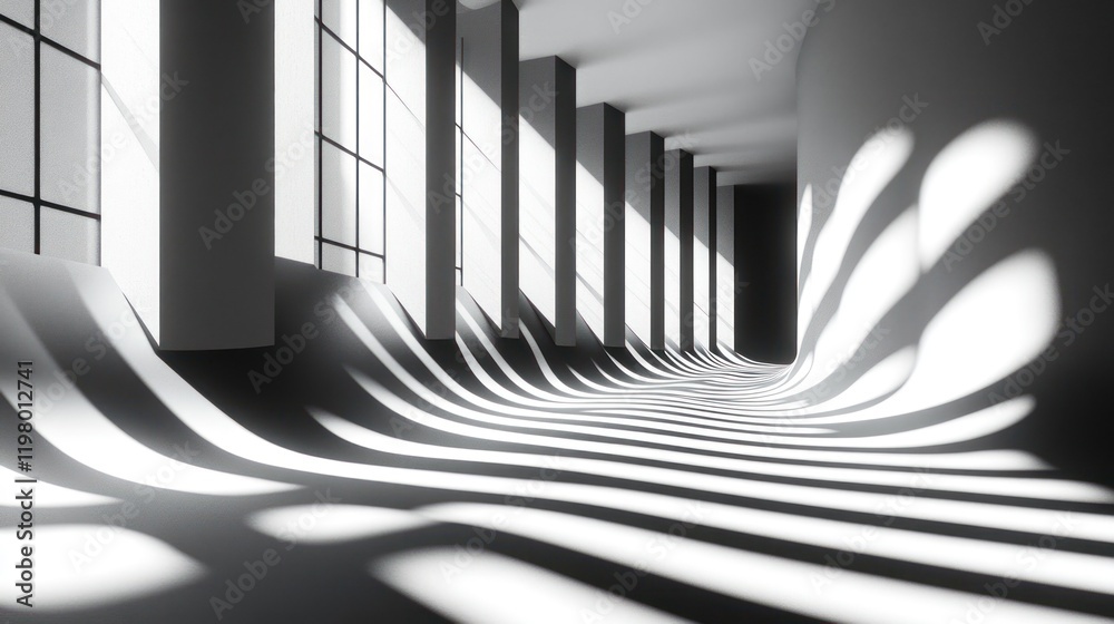 Light and shadow play in an abstract interior space with curved lines ...