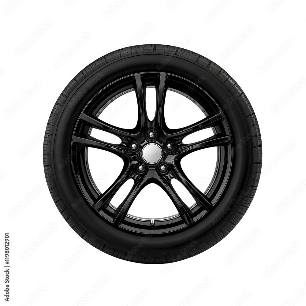 Side view of car tire with metallic rim, isolated over transparent ...