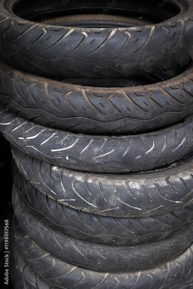 Stack of used motorcycle tires with worn tread patterns Stock Photo ...