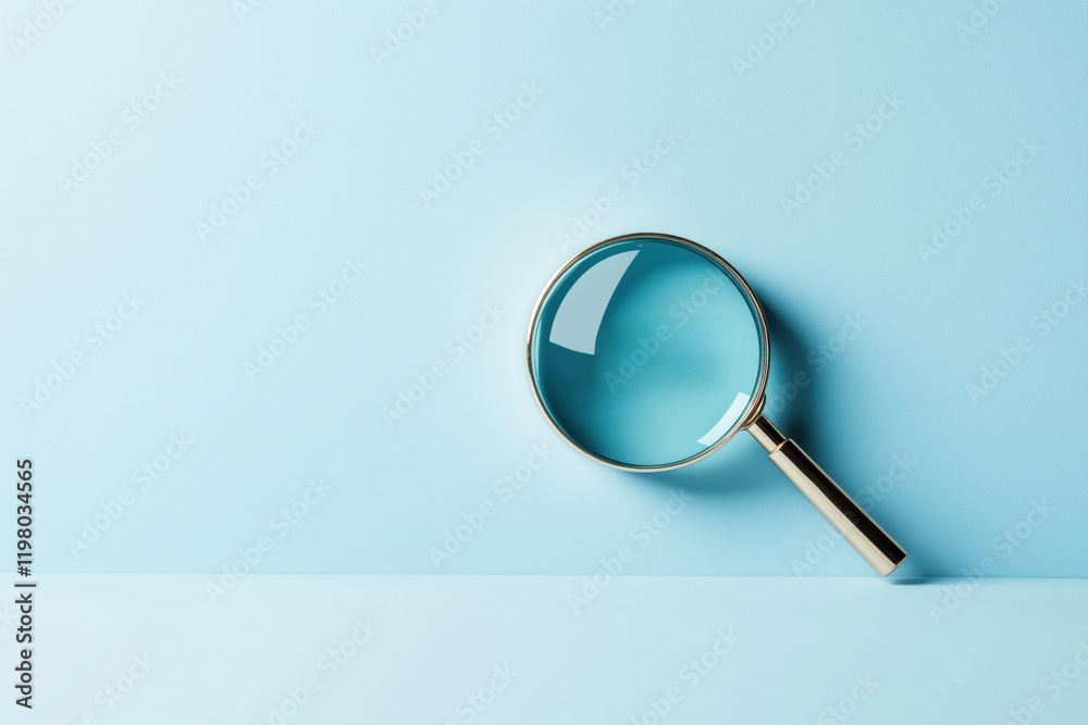 Magnifying glass on light blue background. Concept of investigation ...