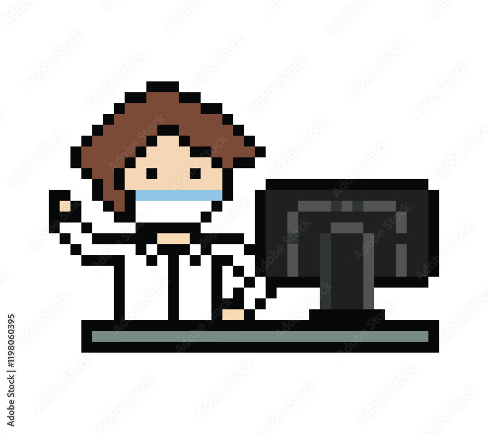 Cute pixel cartoon 8bit character man doctor or scientist game care for ...