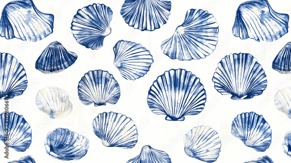 Ilustración de Stock Azure blue white shell motif with linen seamless ...