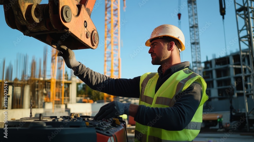 A crane operator in a reflective vest and helmet, adjusting the crane闂佺 ...