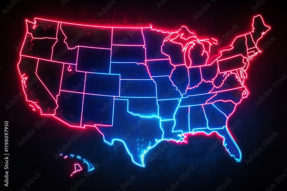 Light map of the United States depicting the nation in neon colors ...