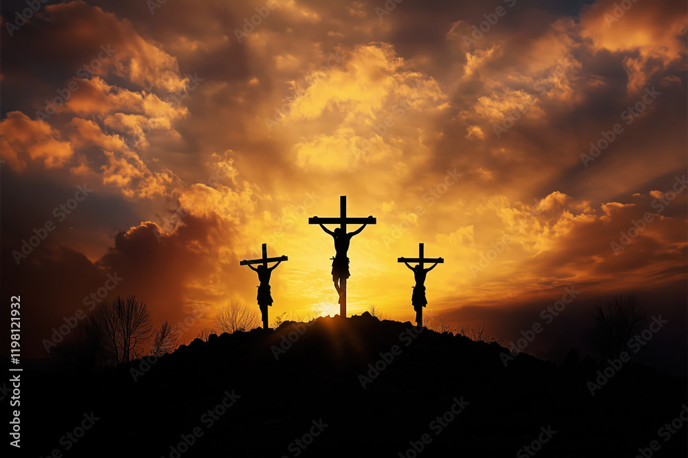 Jesus Christ Crucified Silhouette, Calvary Sunset Stock Photo | Adobe Stock