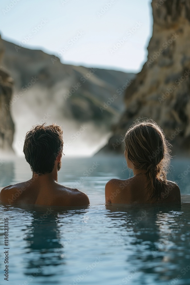 Couple enjoys a relaxing moment in a geothermal hot spring surrounded ...