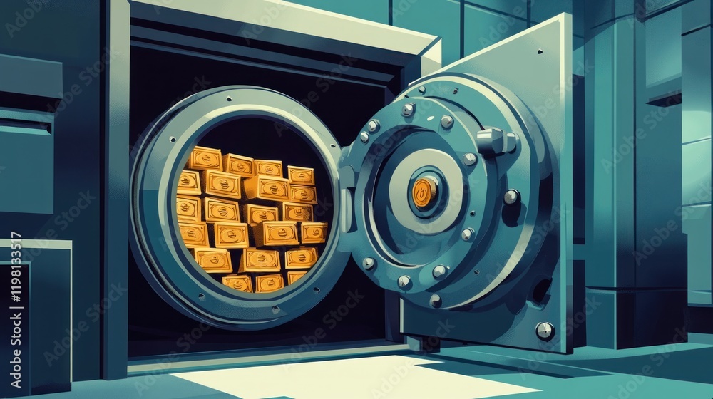 Open vault overflowing with stacks of gold bars. Stock Illustration ...
