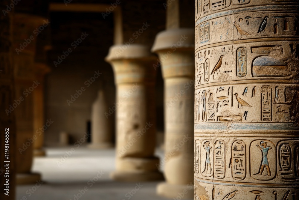 Ancient Egyptian hieroglyphics on stone columns in a temple setting ...
