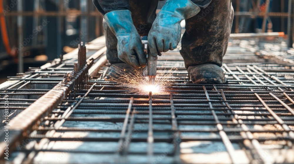 A detailed close-up of construction workers welding reinforcement bars ...