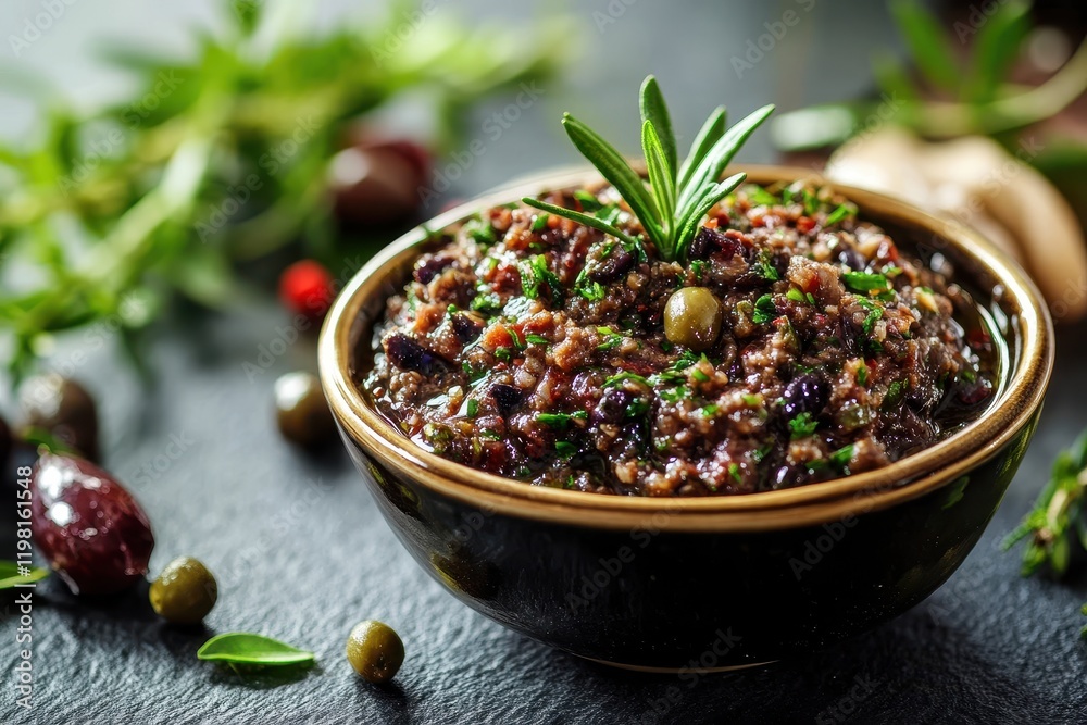 A close up of tapenade and its ingredients olives capers anchovies and ...