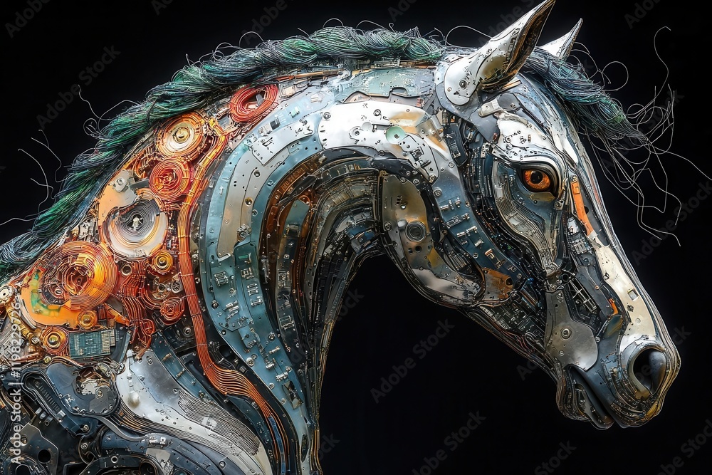 biomechanical horse portrait merging chrome mechanics with organic ...