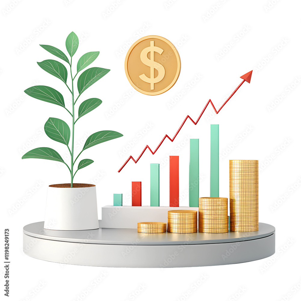 PNG growth money on 3D podium, transparent background, finance graph ...