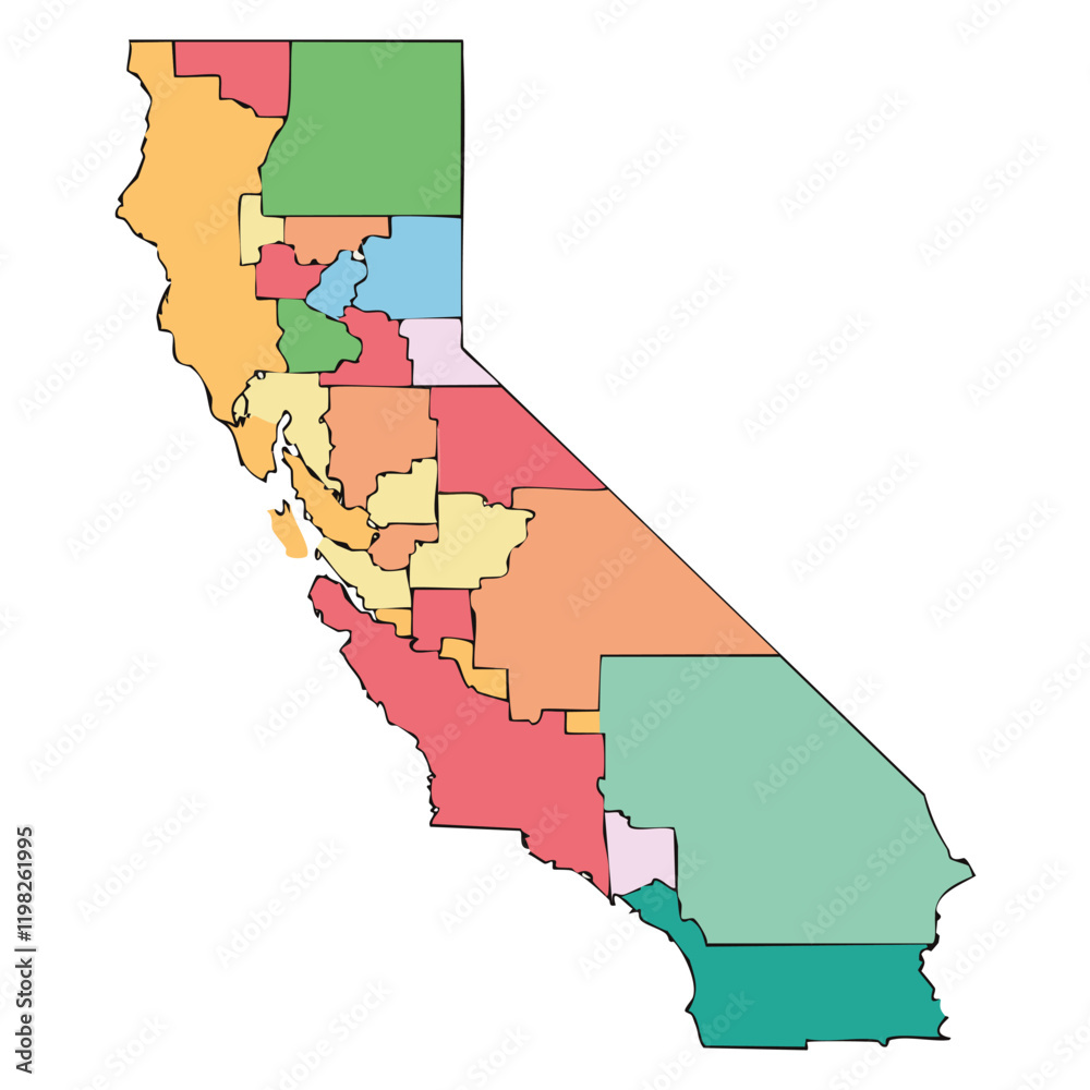 Illustrated map of California divided into uniquely colored sections ...