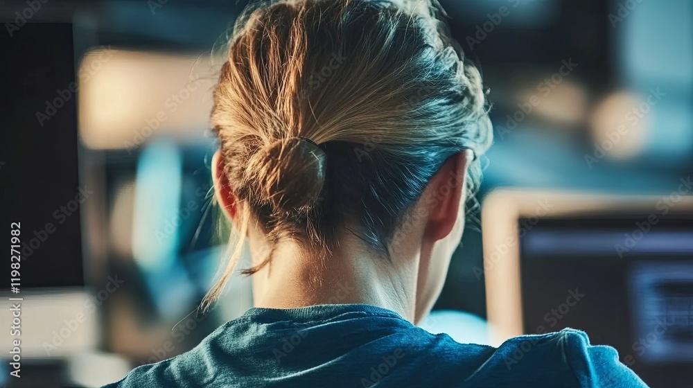 Person with poor posture at desk working on computer, blurred office ...