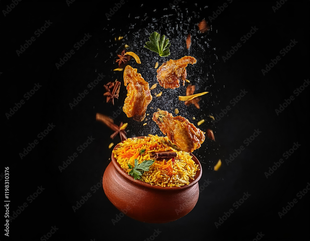indian chicken biryani, Spicy chicken biryani food photography, flying ...