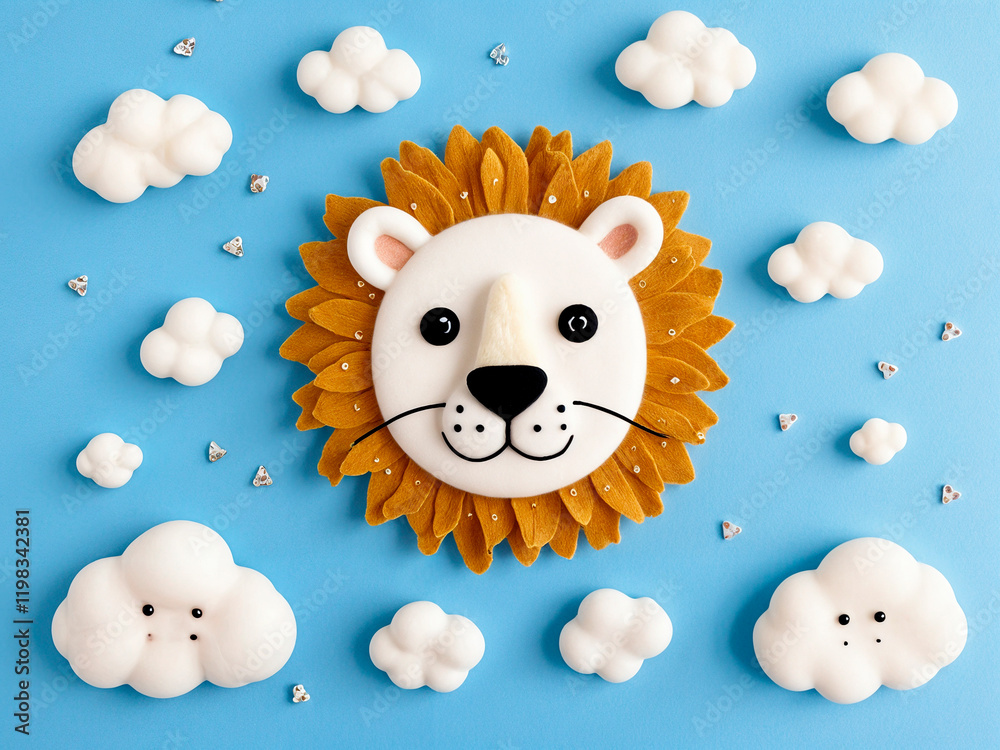 lion, felt and beads, felt skin, felt face, felt eyes, blue sky, fluffy ...