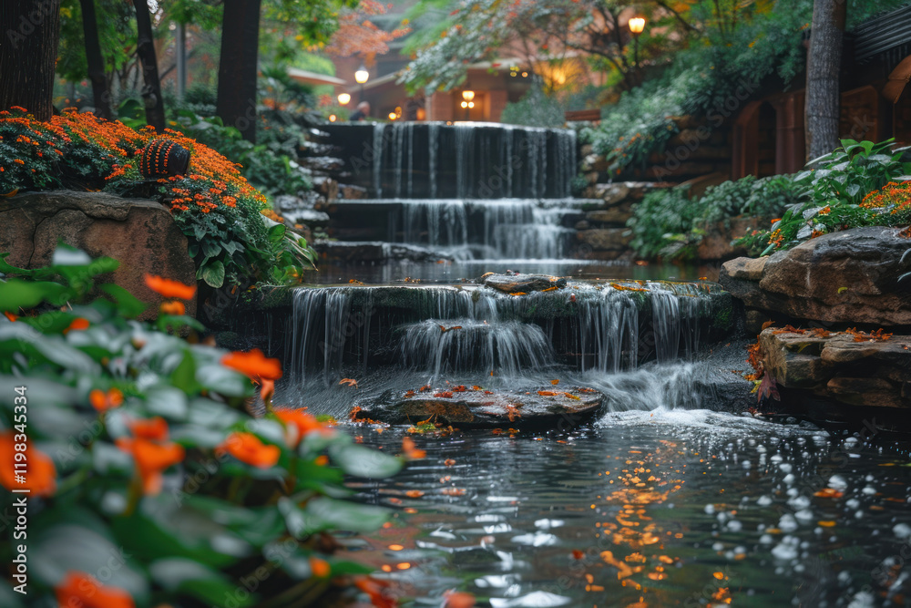 beautiful garden with a multi-level waterfall. The waterfall flows over ...