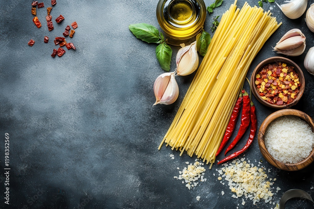 Spaghetti with garlic chili olive oil and crispy bacon Italian classic ...