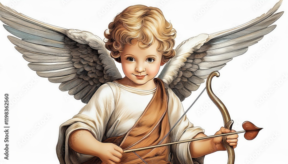Elegant Illustration of a Vintage Cherub with Bow and Arrow, Set in a ...