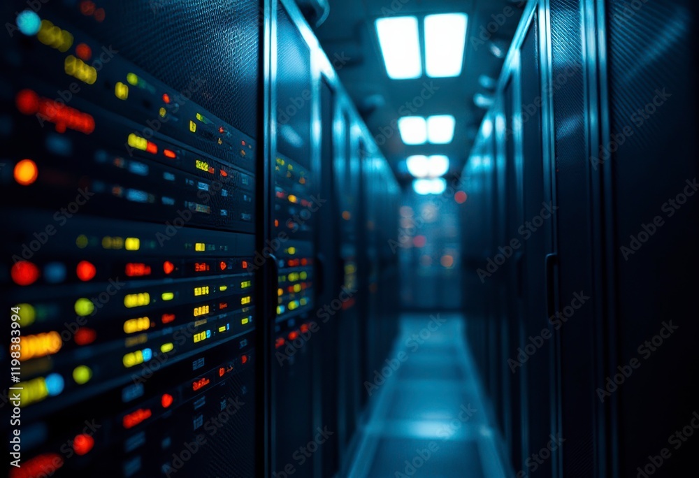 Rows of illuminated servers in a data center highlight the process of ...