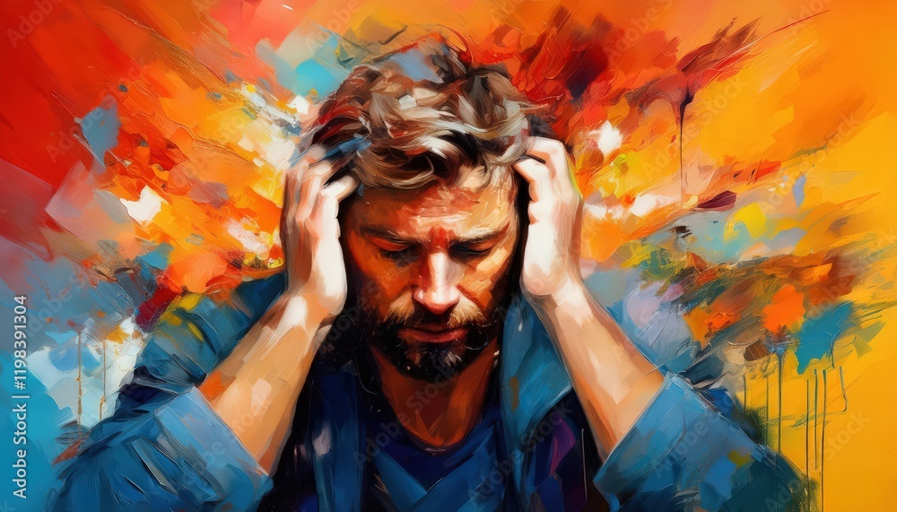 Melancholic Young Adult Man Expressing Distress Amidst Vibrant Backdrop ...