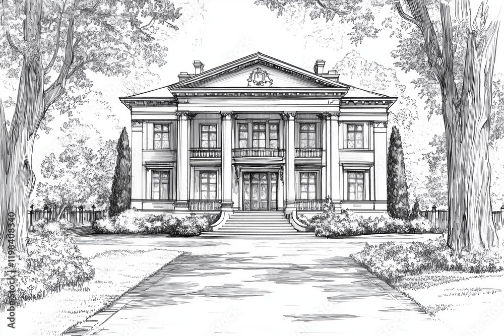 A detailed line drawing of a grand Neoclassical style house mansion with classical architecture ...