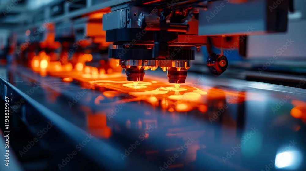 Macro image of the print head mechanism in a large format printer ...