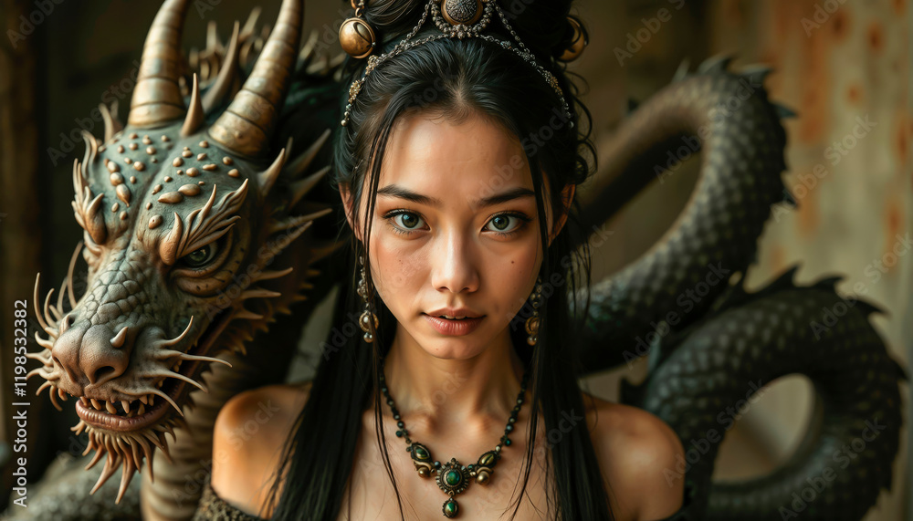 Beautiful Chinese witch with sexy look and gentle mysterious smile ...