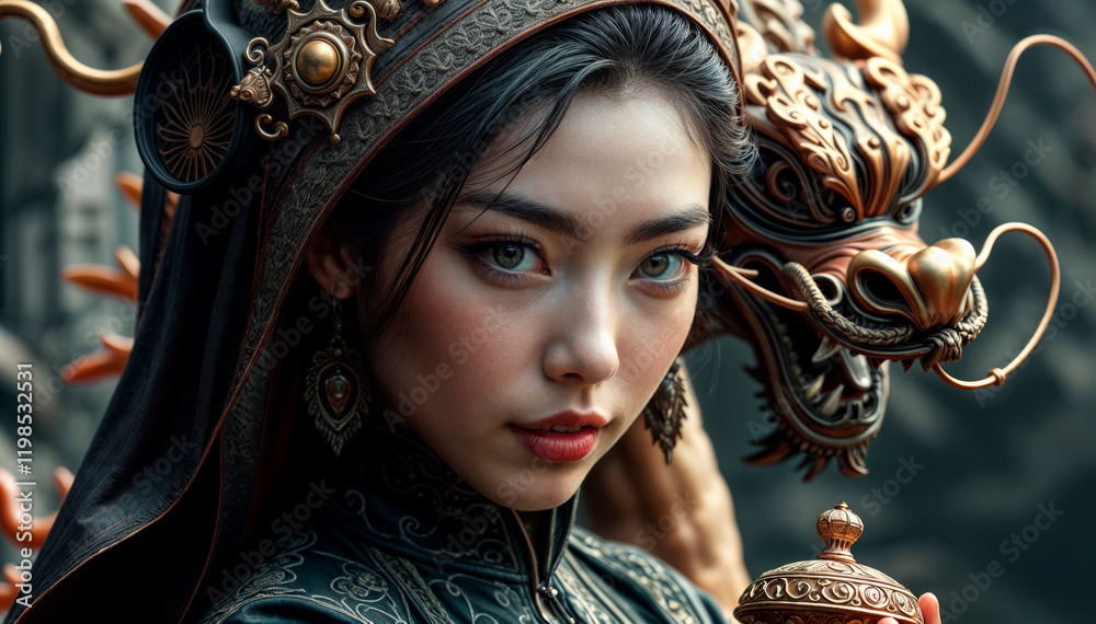 Beautiful Chinese witch with sexy look and gentle mysterious smile ...