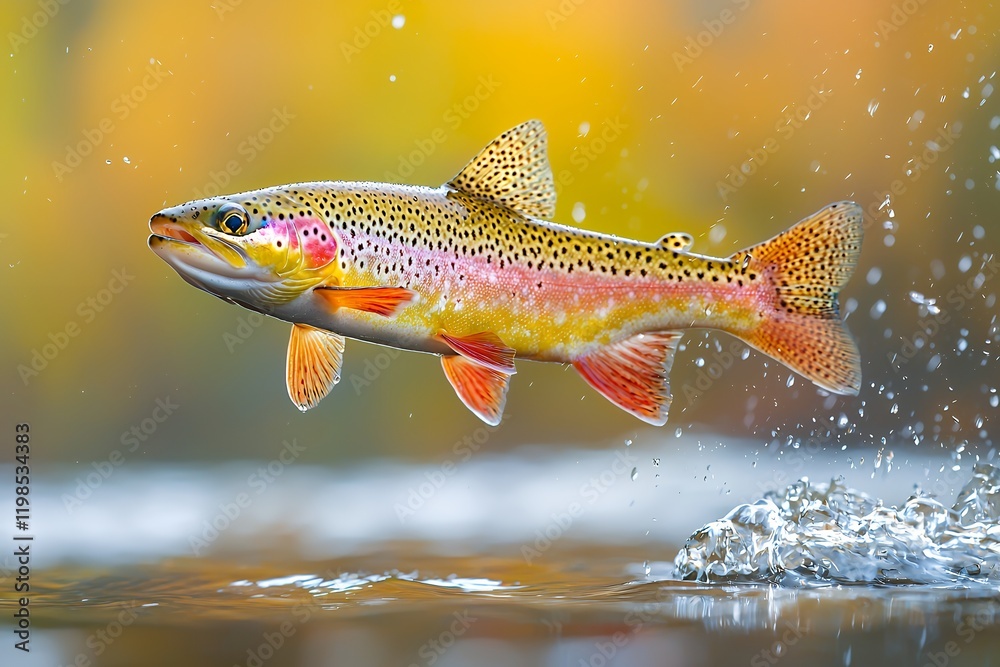 A vibrant rainbow trout leaps from the water, creating a splash. Golden ...
