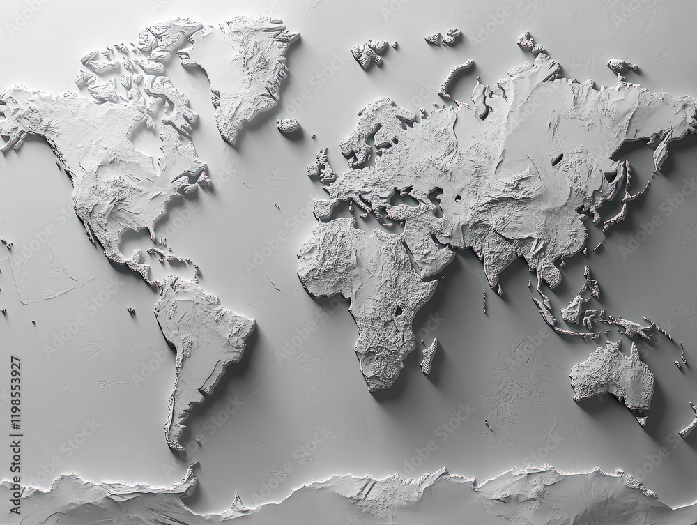 Monochrome shaded relief world map PNG with 3D-style elevation shading ...