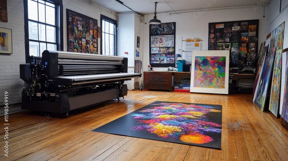 Printshop interior with a large format inkjet printer on a wood floor ...