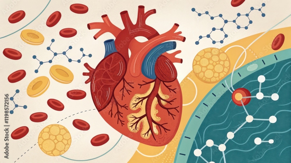 A vibrant illustration of a human heart surrounded by blood cells ...