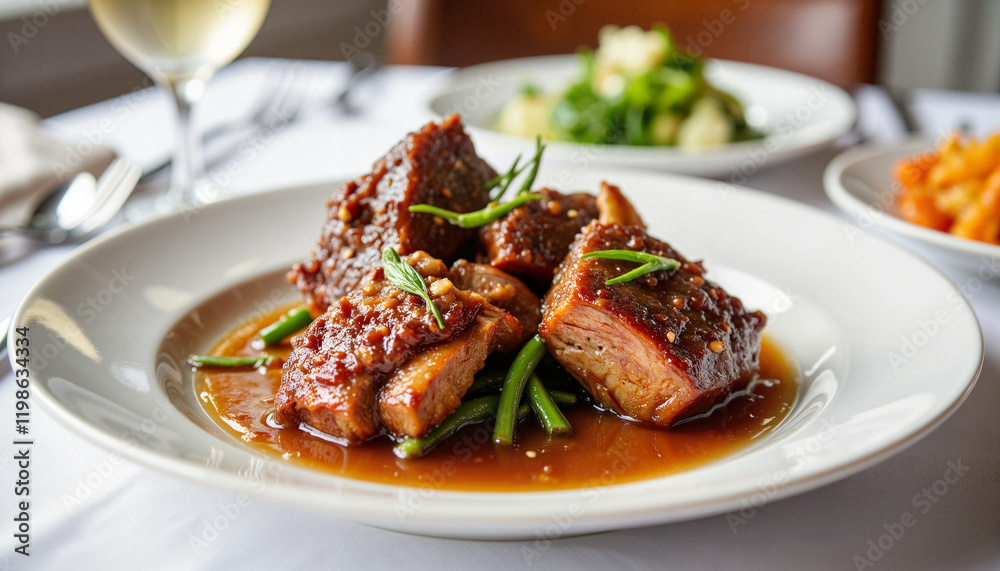 Juicy braised short ribs served elegantly, fine dining experience Stock ...